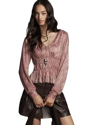 Anthropologie Metallic Smocked Long-sleeve Top - Pink