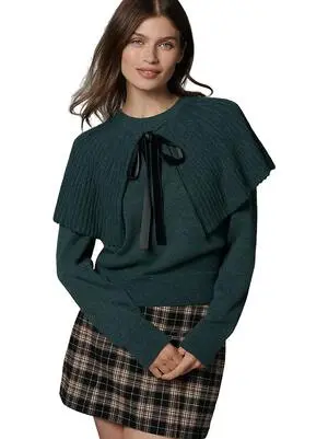 Maeve Tie-neck Ribbed Cape Sweater - Emerald Green