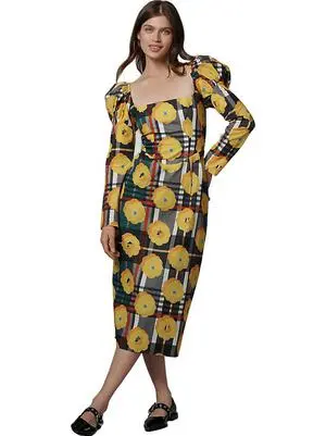 DE LORETA Amanda Puff-sleeve Midi Dress - Tartan Print