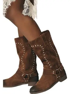 BIBI LOU Suede Studded Harness Western Boots - Marron