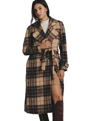 SIEMPRE Olivia Long Plaid Coat Jacket - Blue Pattern