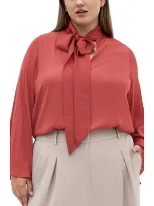 City Chic Mahalia Tie Neck Satin Top - Deep Rose
