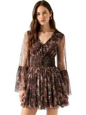 MODENAIRE Floral Mini Dress With Smocked Waist And Flared Skirt - Brown Floral