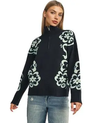 KNIT & LOUNGE Floral Quarter Zip Sweater - Black Floral