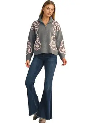 KNIT & LOUNGE Floral Quarter Zip Sweater - Grey Floral