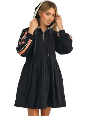 KNIT & LOUNGE Sporty Hoodie Mini Dress With Half Zip And Striped Sleeves - Black