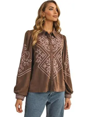 KNIT & LOUNGE Button-up Blouse With Floral Embroidery - Brown/pink Embroidery