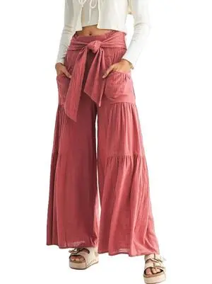 KNIT & LOUNGE Wide-leg Tie-front Pants - Reddish Pink