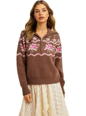 KNIT & LOUNGE Floral Fair Isle Half-zip Sweater - Brown Floral