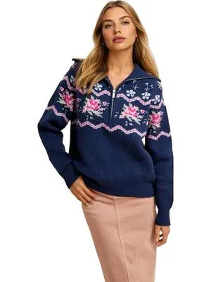 KNIT & LOUNGE Floral Fair Isle Half-zip Sweater - Navy/pink/off White
