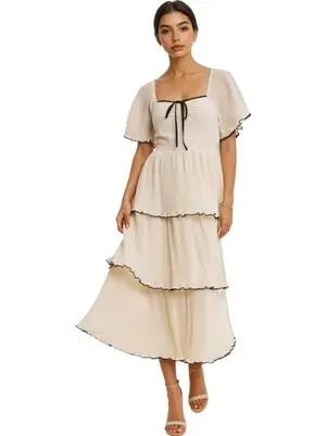 KNIT & LOUNGE Tiered Flutter Sleeve Tie Front Midi Dress - Ivory/black Trim