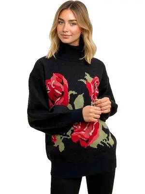 KNIT & LOUNGE Floral Turtleneck Sweater - Black/red Rose