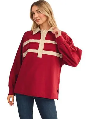 KNIT & LOUNGE Contrast Trim Collared Pullover Top - Red/beige