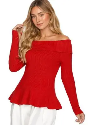 KNIT & LOUNGE Off-shoulder Ribbed Knit Top - Red