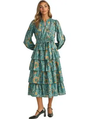 KNIT & LOUNGE Tiered Ruffle Midi Dress With Belted Waist