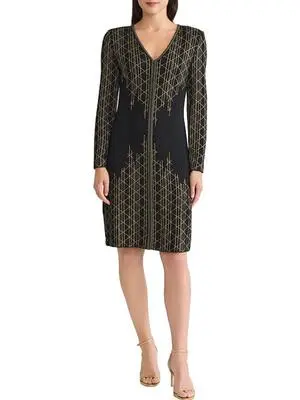 Ming Wang Art Deco Metallic Long Sleeve Sheath Dress - Black/gold