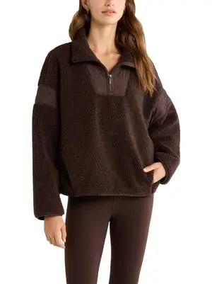 Zella Faux Shearling Quarter Zip Pullover - Brown Mole