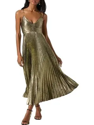 Astr The Label Blythe Metallic Pleated Midi Dress - Black Gold