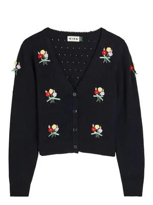 Rixo Merinda Floral-appliquéd Wool Cardigan - Navy