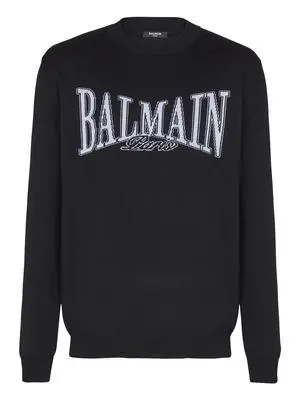 Balmain Wool Jacquard Knit Crewneck Sweater - Blk/white