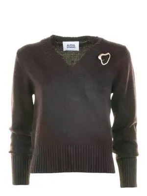 Alpha Studio V-neck Sweater With Brooch - Brown