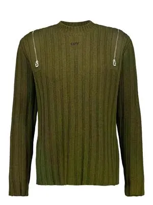 Off-White Ribbed Knit Jumper With Zip Detail - Green