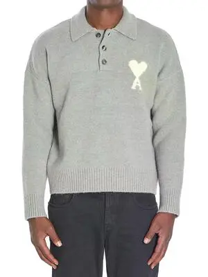 Ami Ami De Coeur Intarsia Polo-shirt Grey