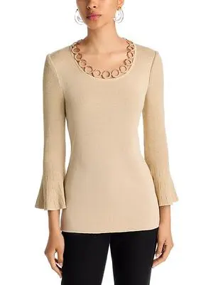 Misook Bell Sleeve Knit Tunic - Biscotti/gold