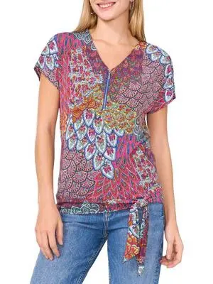 Chaus Peacock Print Zip Front Top - Trop Palm