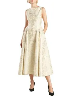 FREEMARKET Floral Jacquard Fit & Flare Midi Dress - Champagne