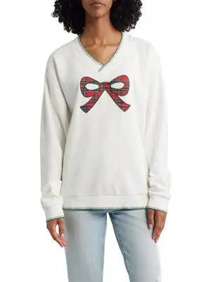 GOLDEN HOUR Bow Appliqué V-neck Graphic Sweatshirt - Marshmallow