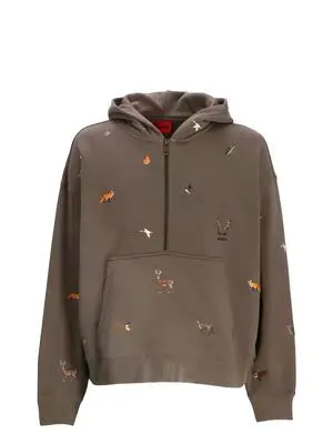 Hugo Embroidered Half-zip Hoodie - Brown