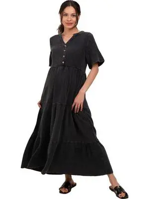 PINKBLUSH Button Front Tiered Maxi Dress - Black