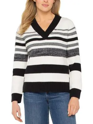 LIVERPOOL Striped V-neck Sweater - Cream Black Melange Stripe