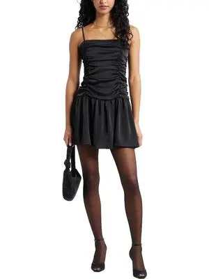 Bp. Ruched Satin Drop Waist Mini Dress - Black