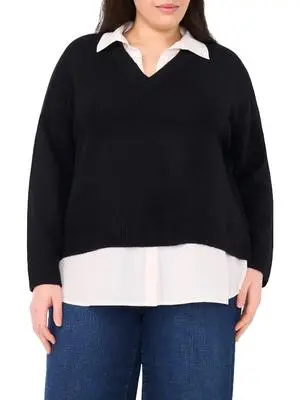 HALOGEN Layered Look Sweater With Attached Woven Collar And Hem