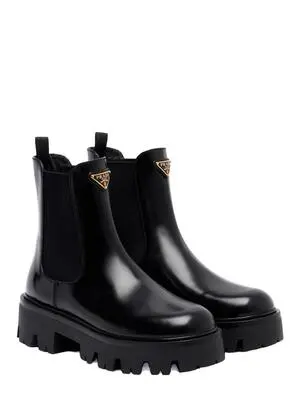 Prada Logo Leather Platform Chelsea Boots - Black