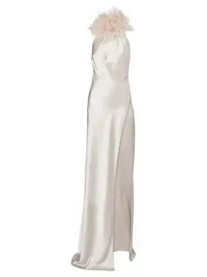 THE NEW ARRIVALS ILKYAZ OZEL Jazzy Feather-trimmed Satin Gown - White
