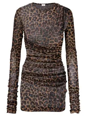 Saint Laurent Leopard-print Ruched Tulle Minidress - Brown
