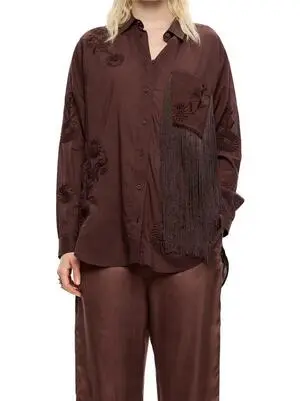 Bimba Y Lola Embroidered Fringed Shirt - Brown