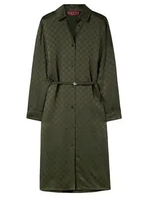 Gucci Belted Satin-jacquard Midi Shirt Dress - Green