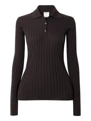 Calvin Klein Ribbed Wool Polo Sweater - Brown