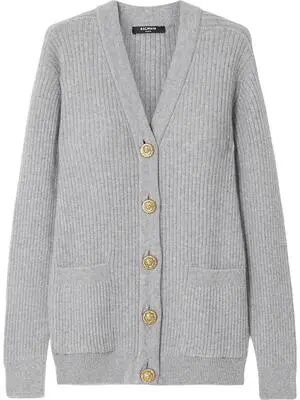 Balmain Ribbed Wool And Cashmere-blend Cardigan - Gray