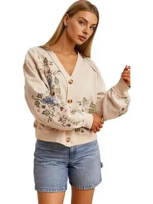KNIT & LOUNGE Embroidered Floral Button-front Cardigan - Beige /floral