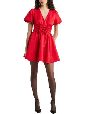 Chelsea28 Bow Detail Puff Sleeve Mini Dress - Red Barbados