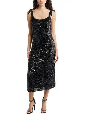 Chelsea28 Sequin Tie Shoulder Midi Dress - Black Gunmetal Sequins