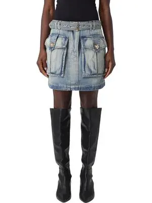 Balmain Belted Denim Mini Skirt - Blue