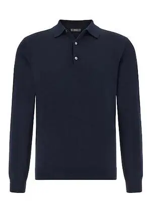 Boggi Milano Long-sleeve Knitted Merino-wool Polo Shirt - Navy Blue
