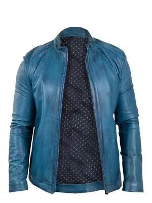 MACEOO Printed Leather Full-zip Jacket - Blue
