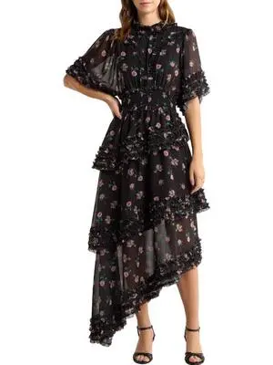 SISTER JANE Rose Print Ruffle Maxi Dress - Black